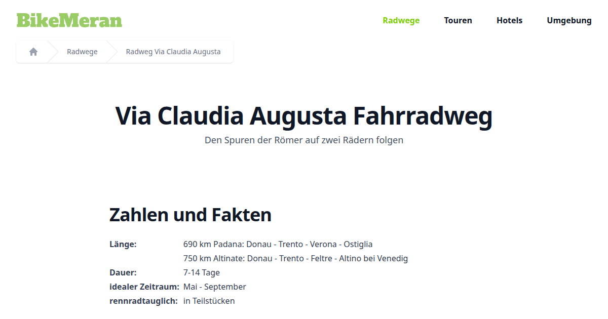 Via Claudia Augusta Radweg - Route durch die Alpen, Etappen