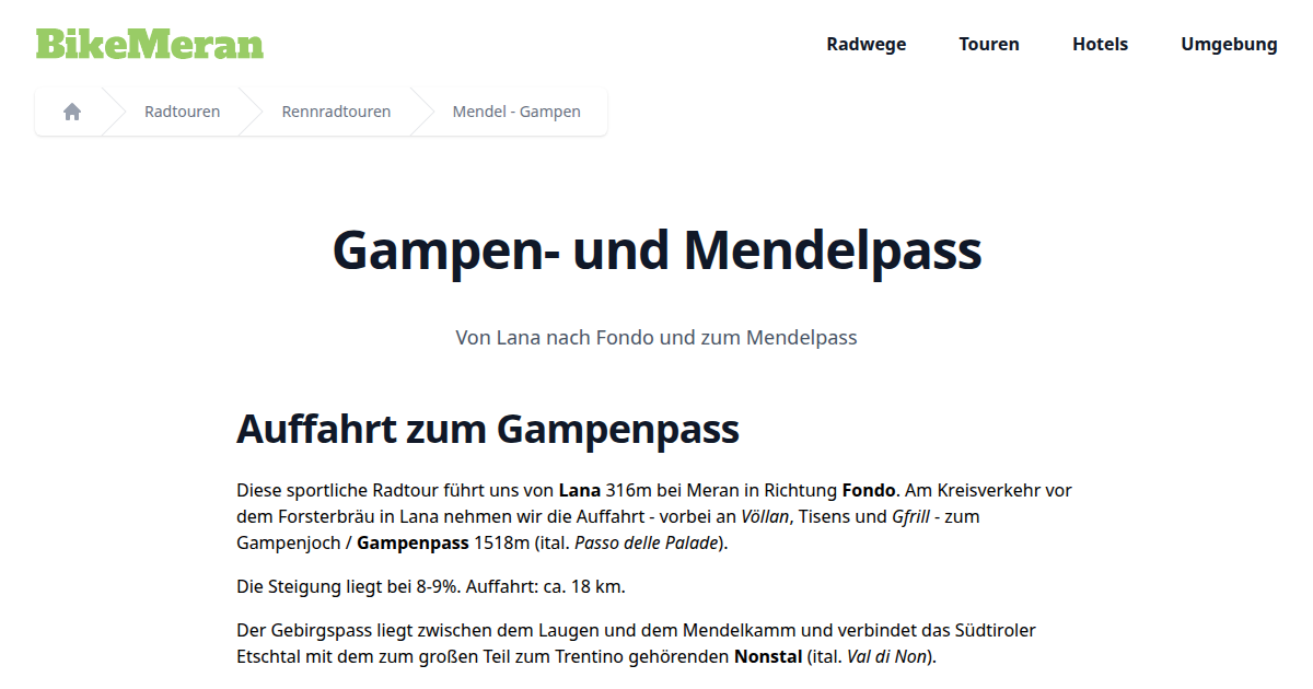 Road bike tour Mendel Pass - Gampen Pass
